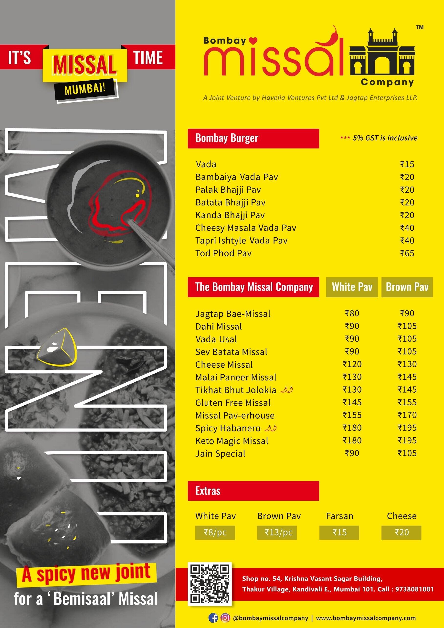 Menu of Bombay Misal Company, Dahisar East, Mumbai