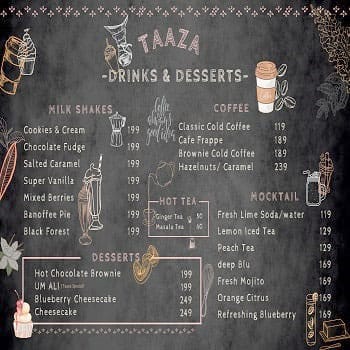 Menu of Taaza Restaurant, Vijay Nagar, Indore