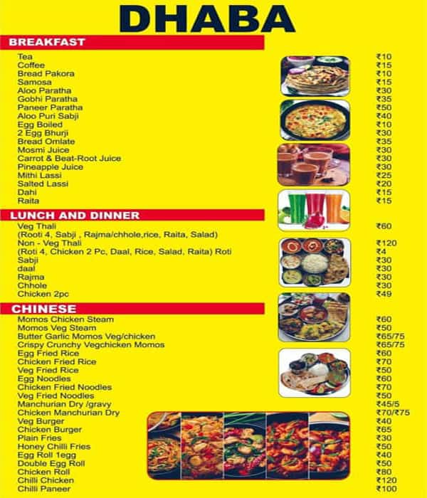 Menu of Dhaba, Munirka, New Delhi