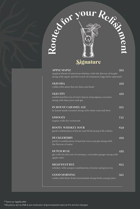 Menu of Roots, Theatre Road, Kolkata