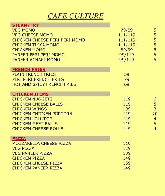 Menu of Cafe Culture, Charminar, Hyderabad