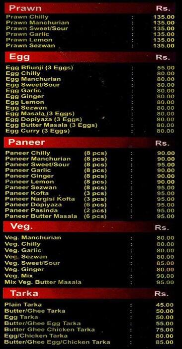 Menu at Kay Vee, Kolkata