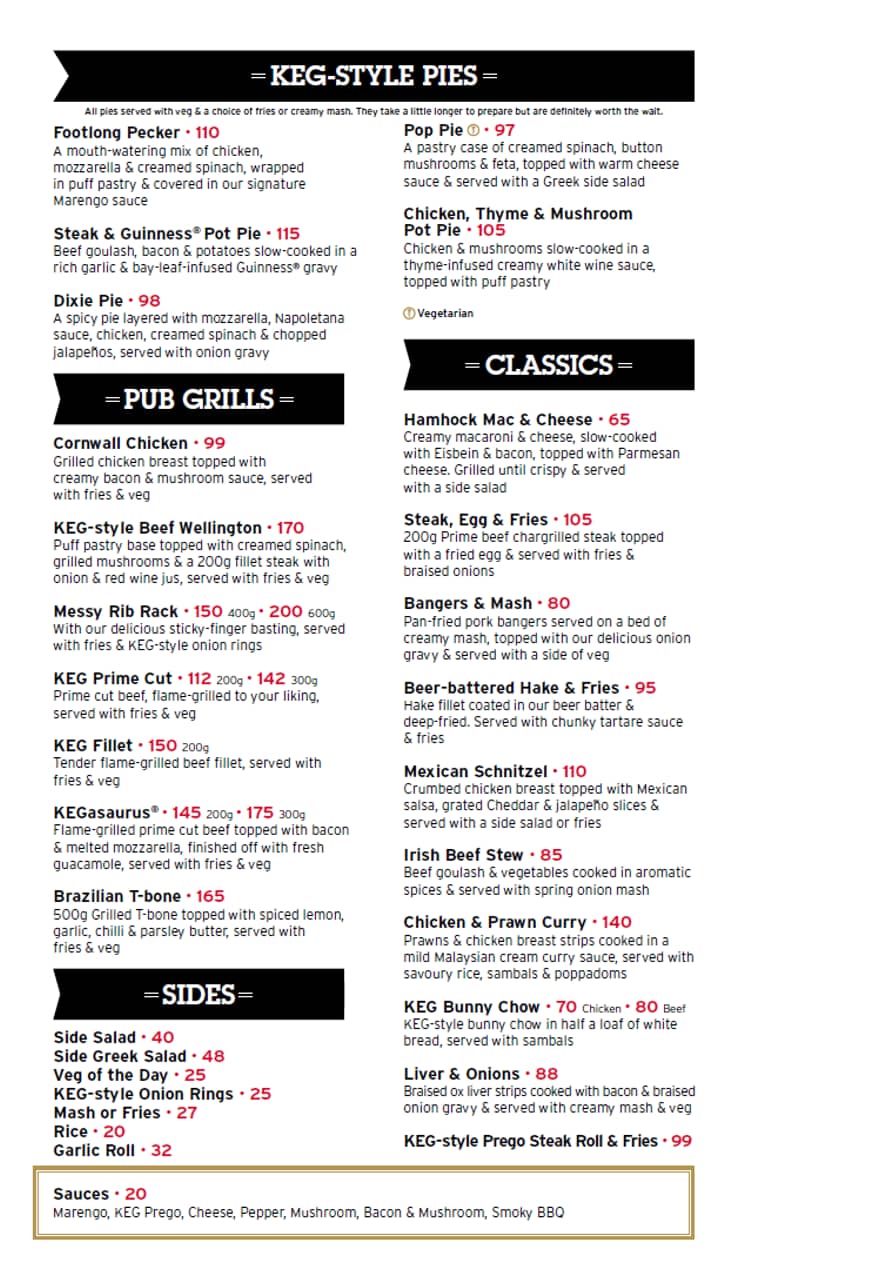 Menu at Keg & Filly restaurant, Sandton, 4 Tambach Road