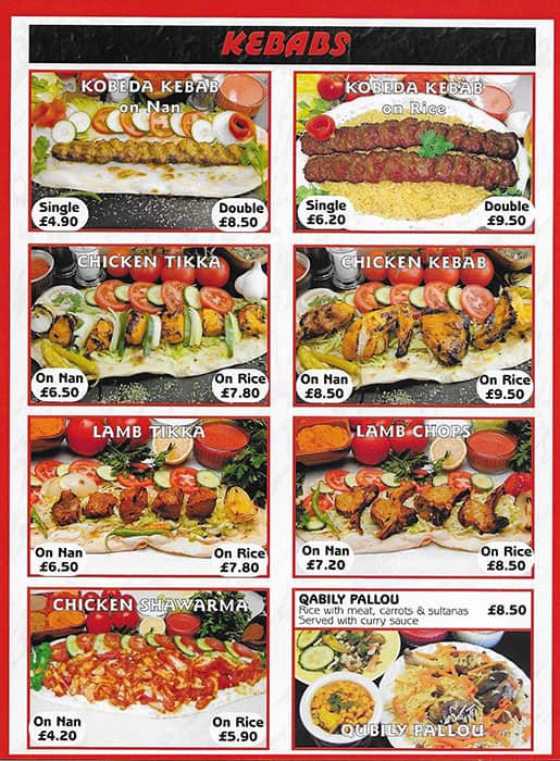 Menu at Al Aqsa fast food, Manchester