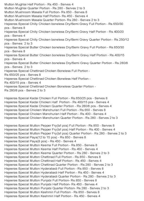 Menu at Hajeeras Kitchen, Chennai, 9/6, Indra Gandhi Nagar, 4th Street