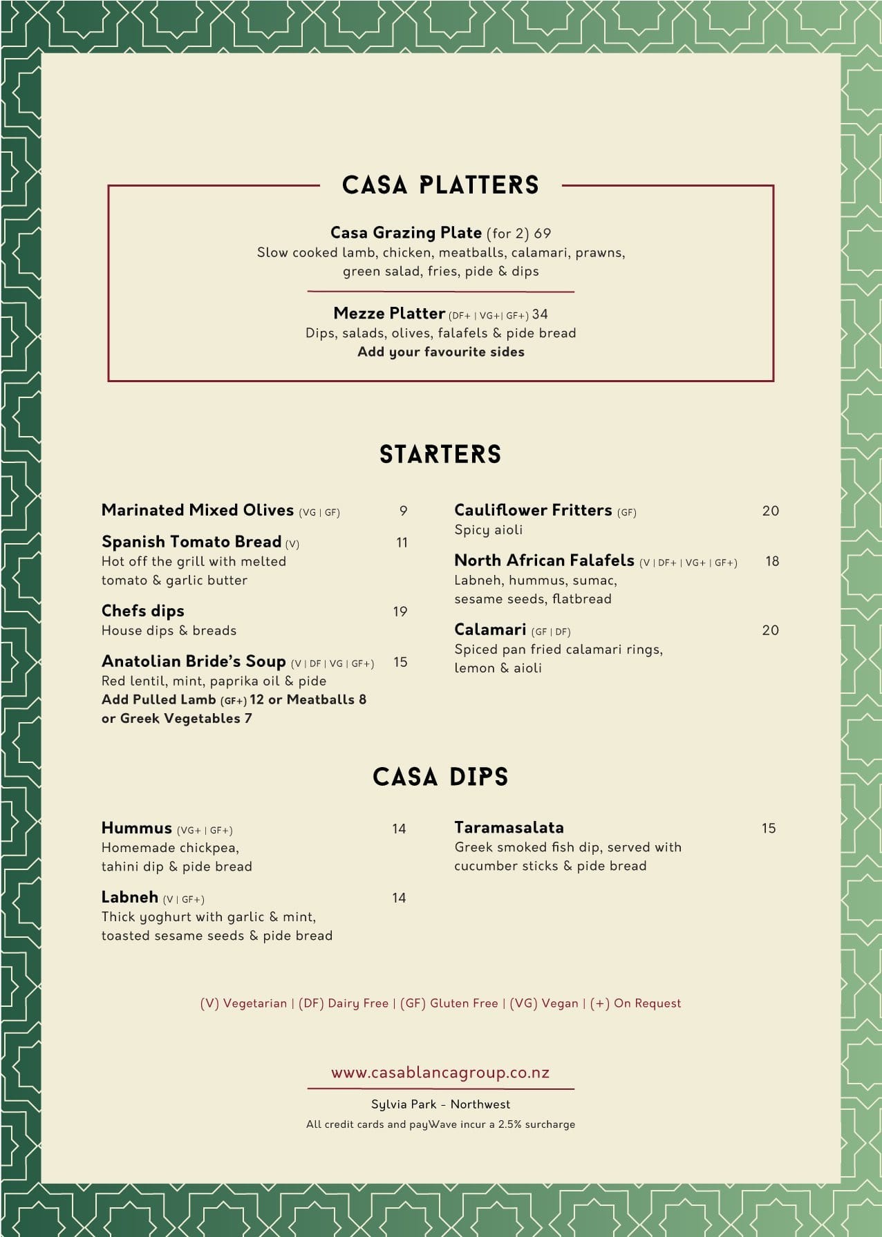 Menu at Casablanca Orewa restaurant, Orewa, 336 Hibiscus Coast Hwy