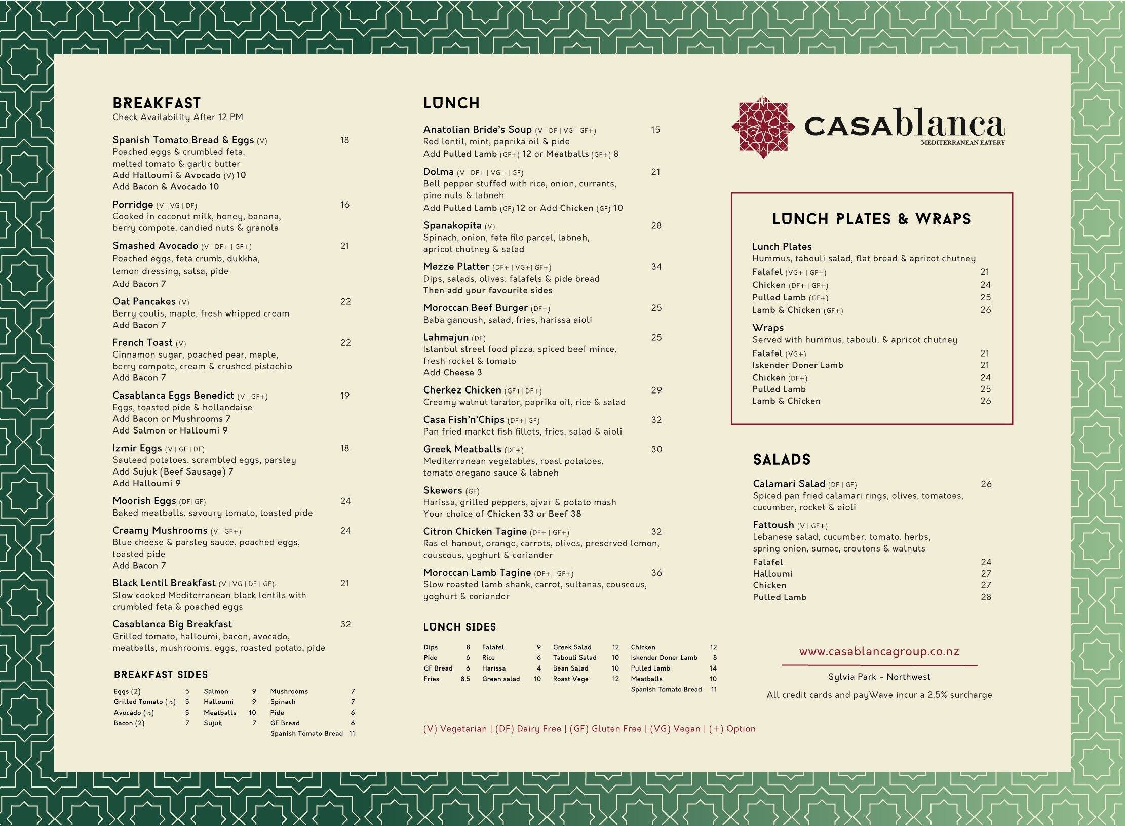 Menu at Casablanca Orewa restaurant, Orewa, 336 Hibiscus Coast Hwy