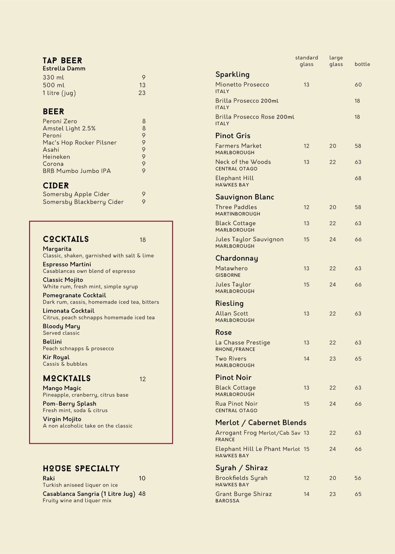 Menu at Casablanca Orewa restaurant, Orewa, 336 Hibiscus Coast Hwy