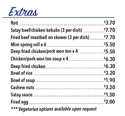 Menu at The Oaks Satay Noodle House restaurant, Wellington