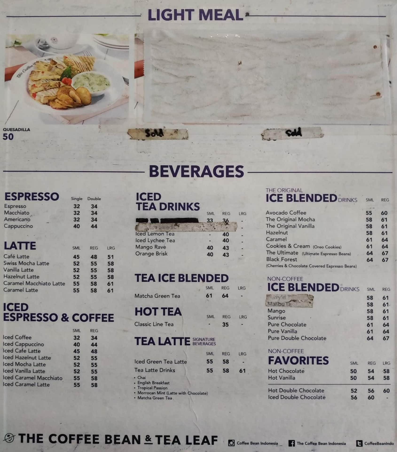 Menu at The Coffee Bean & Tea Leaf cafe, Jakarta, Jl. Kemang Raya