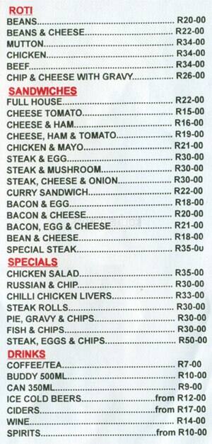 Menu at Happy Chappy pub & bar, Durban, Mangrove Beach Center