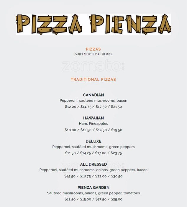 Pizza Pienza Menu, Menu for Pizza Pienza, Oakville, Toronto ...