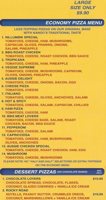 Menu at Nandos pizza pizzeria, Eltham