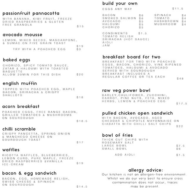 Menu at The Oaks Cafe, Surrey Hills