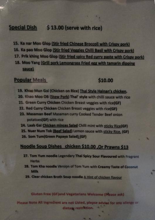 Menu at VR Thai restaurant, Melbourne