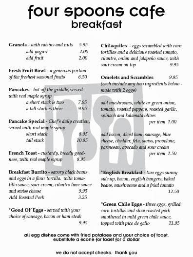 Menu at Four Spoons Cafe, Seattle