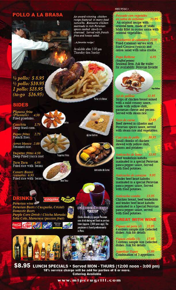 Menu at Mi Peru South American Grill restaurant, Henderson