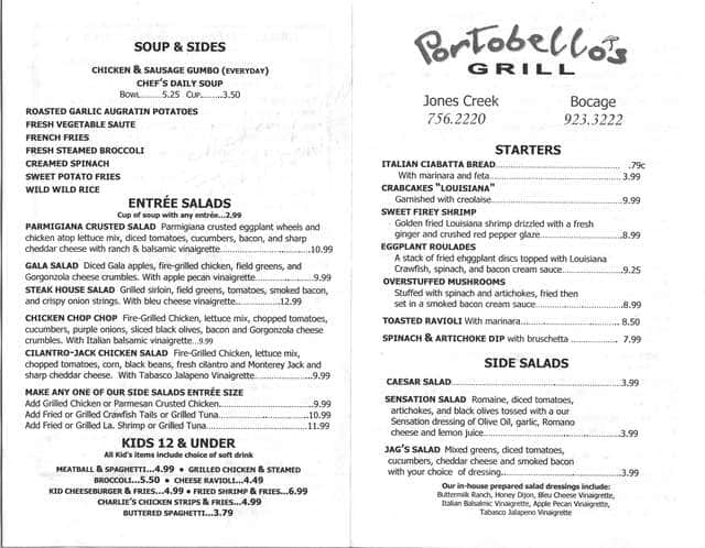Menu at Portobello's Grill restaurant, Baton Rouge, Old Hammond Hwy