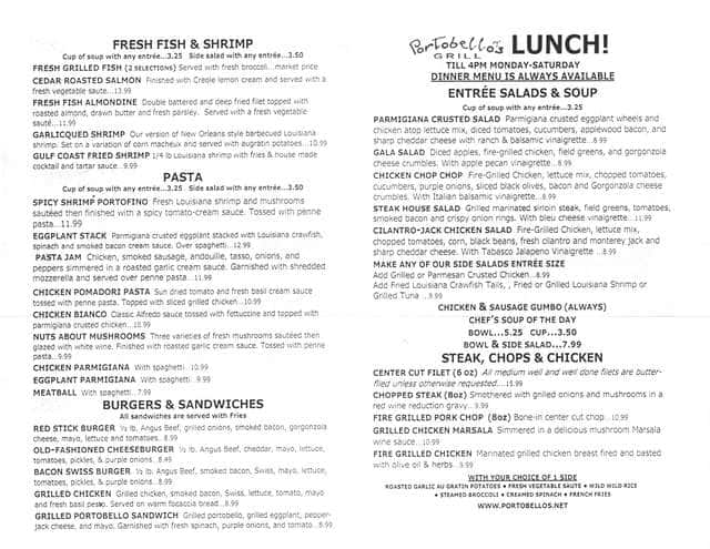 Menu at Portobello's Grill restaurant, Baton Rouge, Old Hammond Hwy