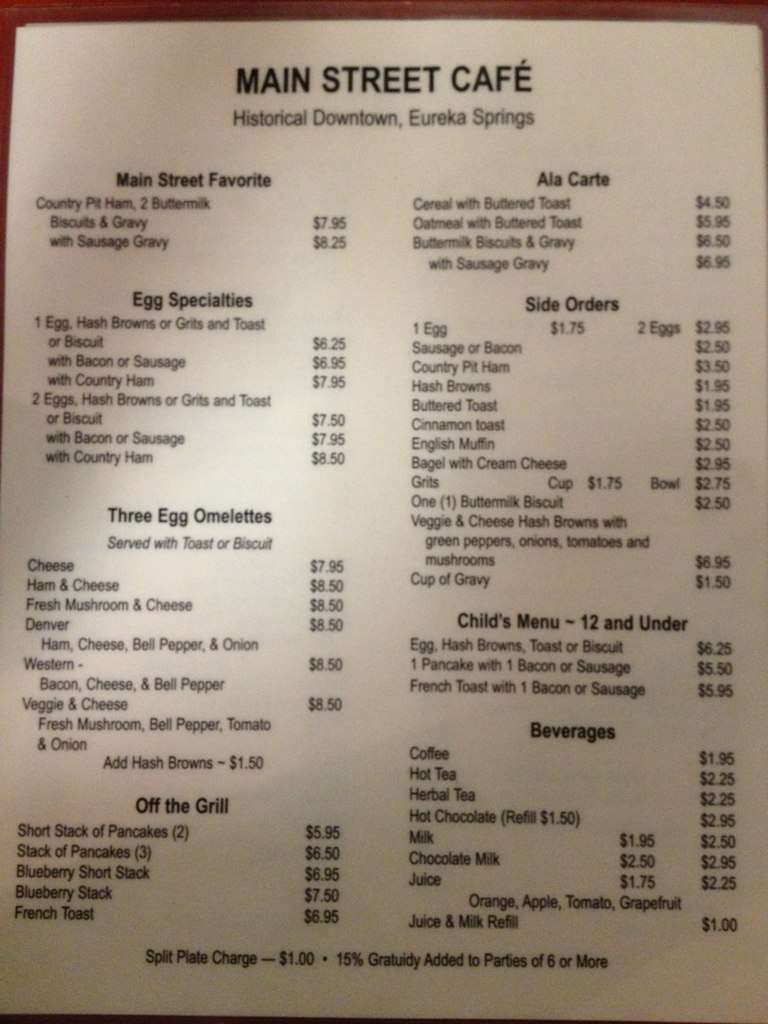 Menu at Main Street Cafe, Eureka Springs