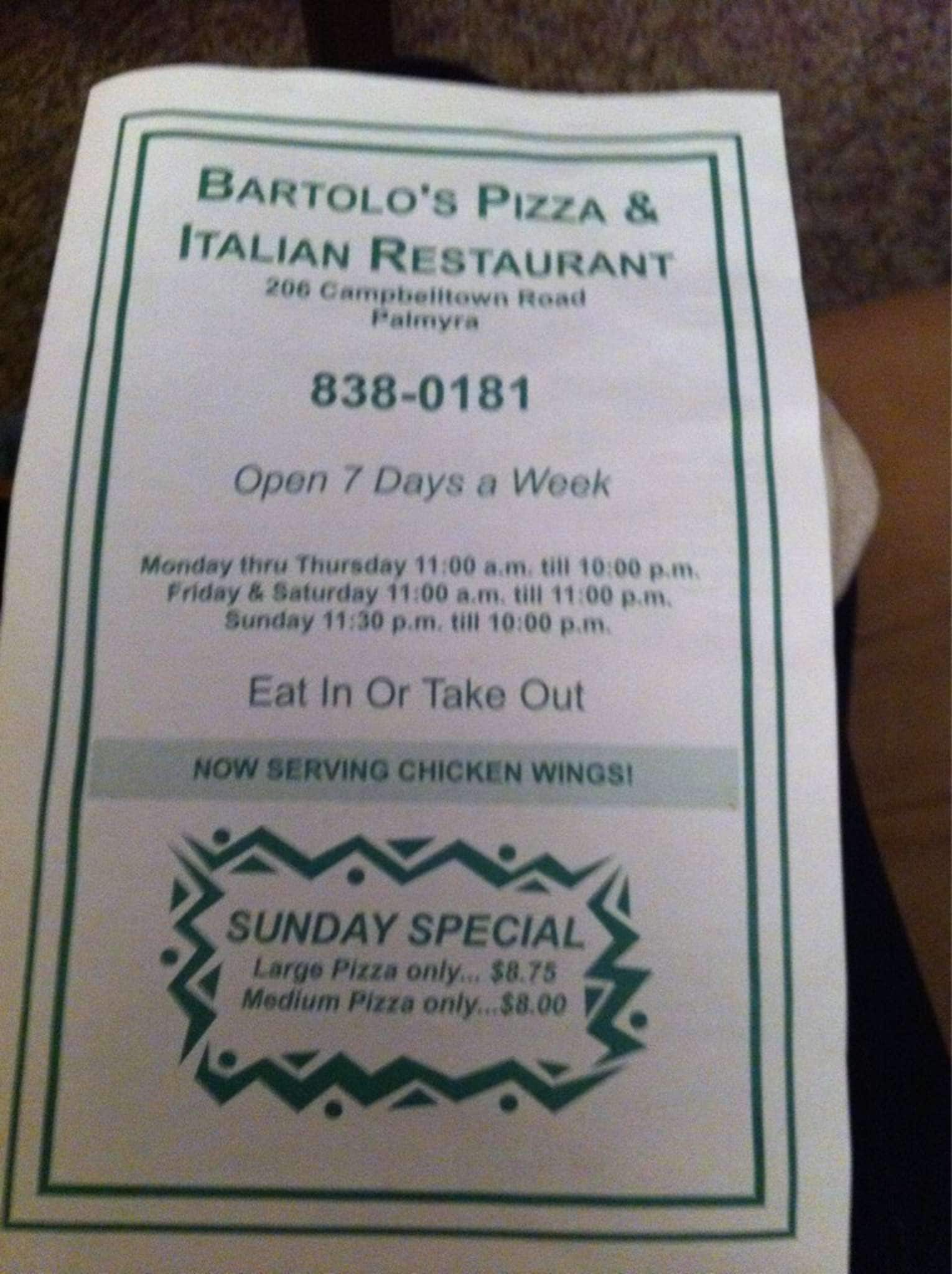 Menu at Bartolo's Pizza, Palmyra