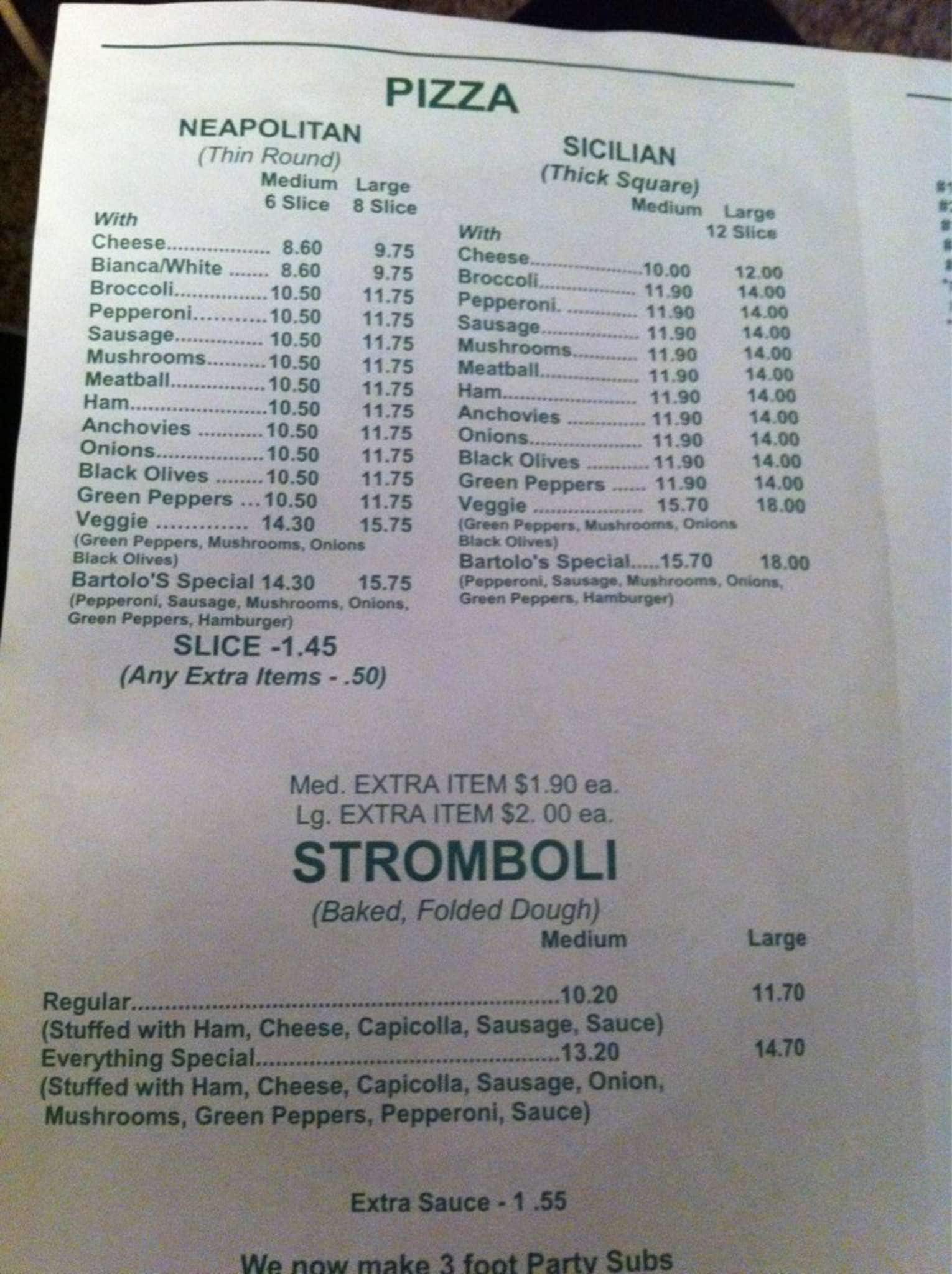 Menu at Bartolo's Pizza, Palmyra