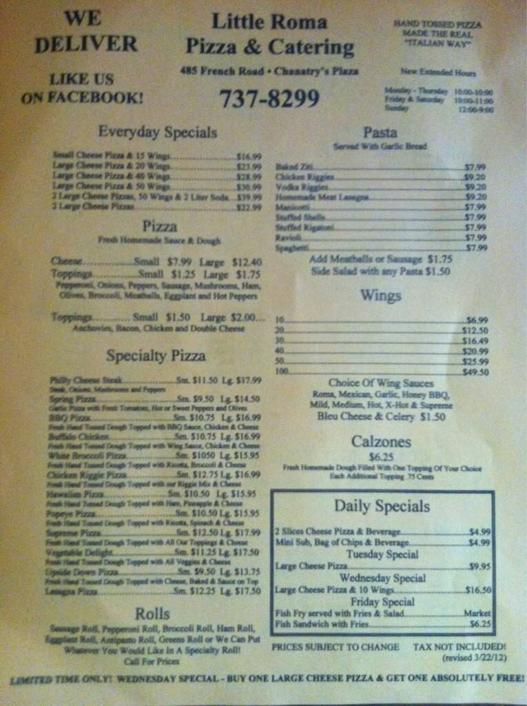 Menu at Doti's Little Roma Pizza & Catering pizzeria, Utica