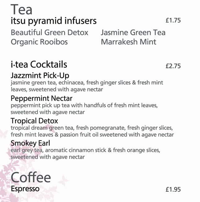 Menu at Itsu fast food, London, Paddington Central Unit 9