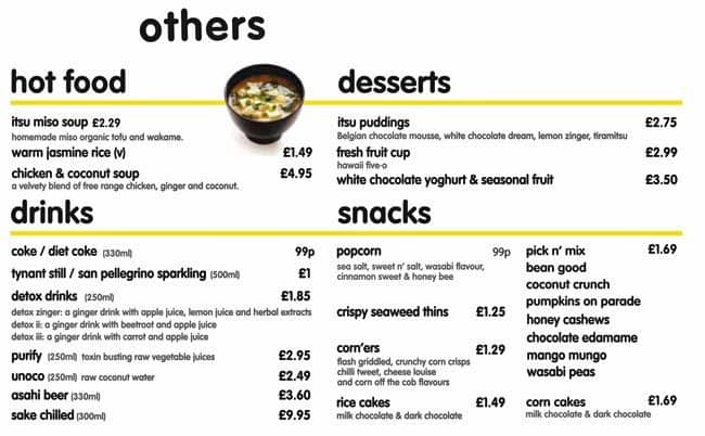 Menu at Itsu fast food, London, Paddington Central Unit 9