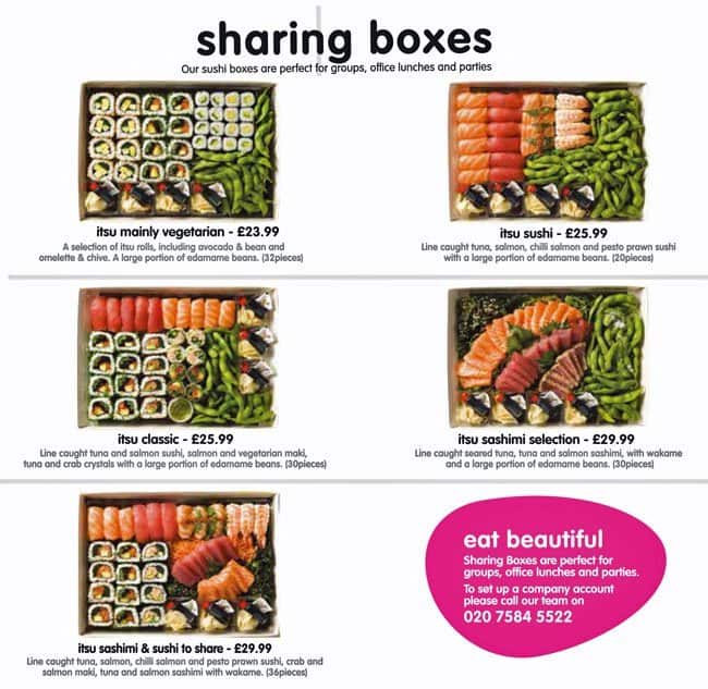 Menu at Itsu fast food, London, Paddington Central Unit 9