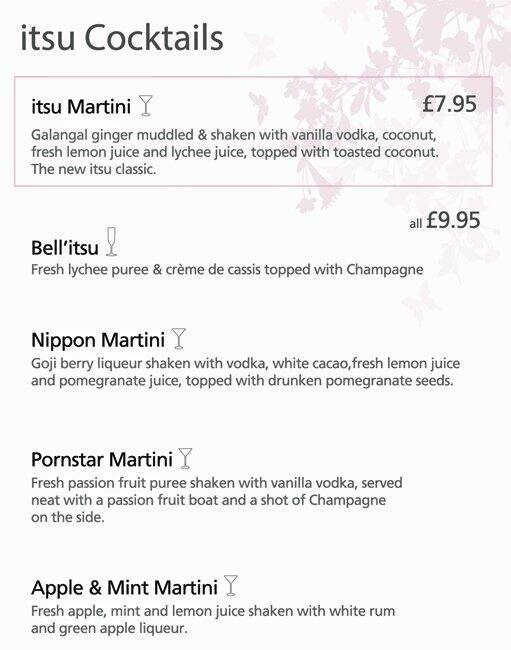 Menu at Itsu fast food, London, Paddington Central Unit 9