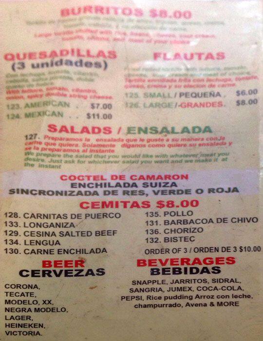 Menu at La Lomita restaurant, New York City