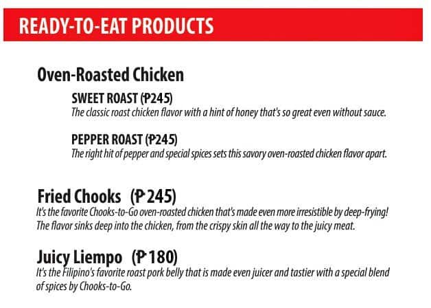 Menu at Chooks To Go, Muntinlupa, Soldiers Hills Village