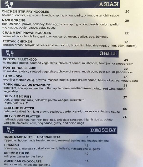 Menu at Billy's Paddock restaurant, Caroline Springs