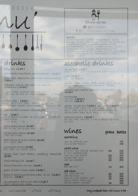 Menu at Billy's Paddock restaurant, Caroline Springs