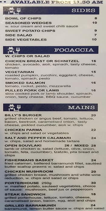 Menu at Billy's Paddock restaurant, Caroline Springs