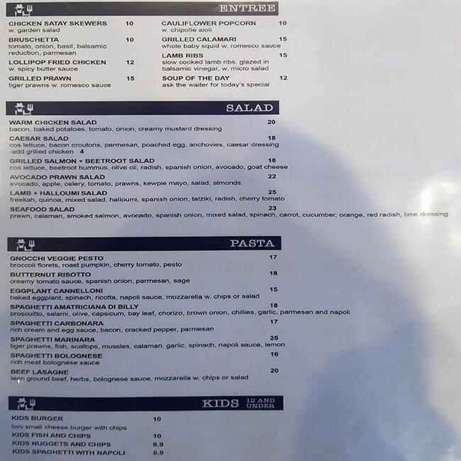 Menu at Billy's Paddock restaurant, Caroline Springs