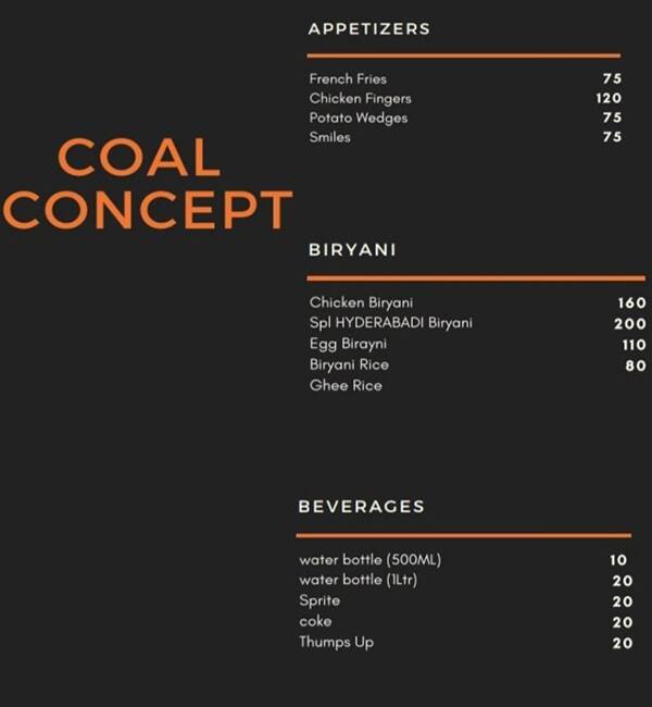 Menu of Coal Concept Kitchen, BTM, Bangalore
