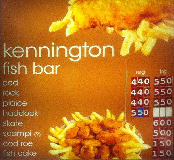 Menu at Kennington Fish Bar, London, 56 Kennington Park Rd