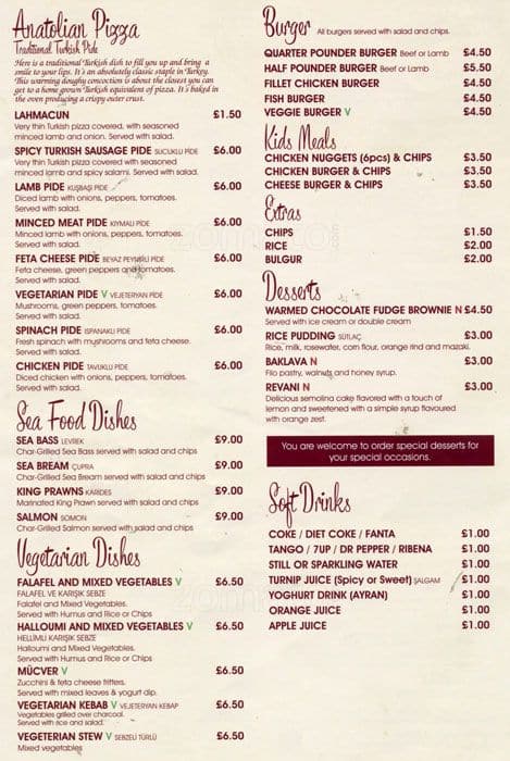 Menu at Sultan Turkish Restaurant, Ilford, 165-169 Cranbrook Rd