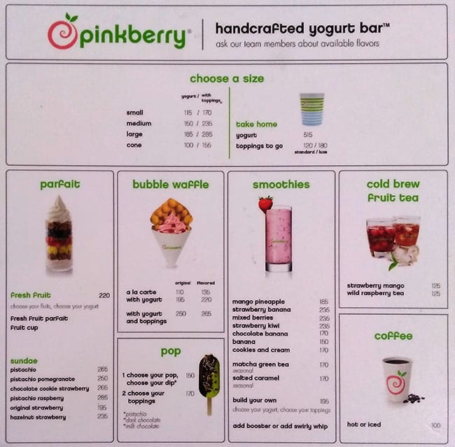 Menu at Pinkberry desserts, Makati, LG/F Power Plant Mall