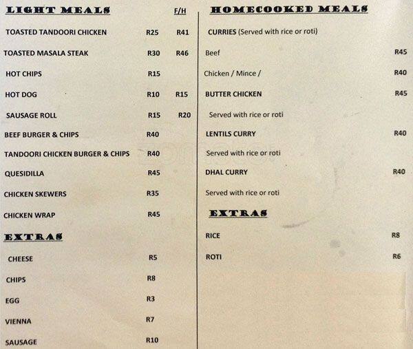 Menu at Mamma's Kitchen, Cape Town
