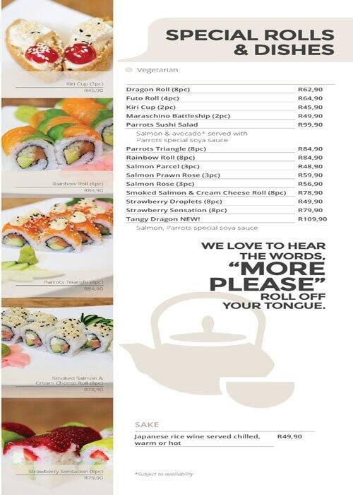 Carta del restaurante Parrots, Centurion, Shop 136