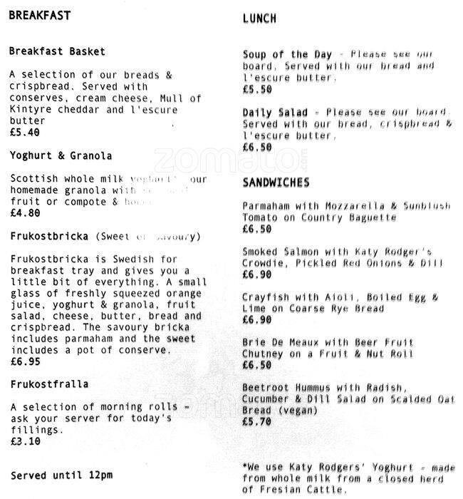 Menu at Peter's Yard cafe, Edinburgh, Quartermile