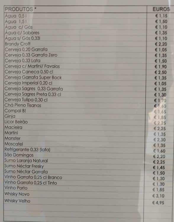 Menu at Stop Caffè cafe, Lisbon, Estação de Santa Apolónia