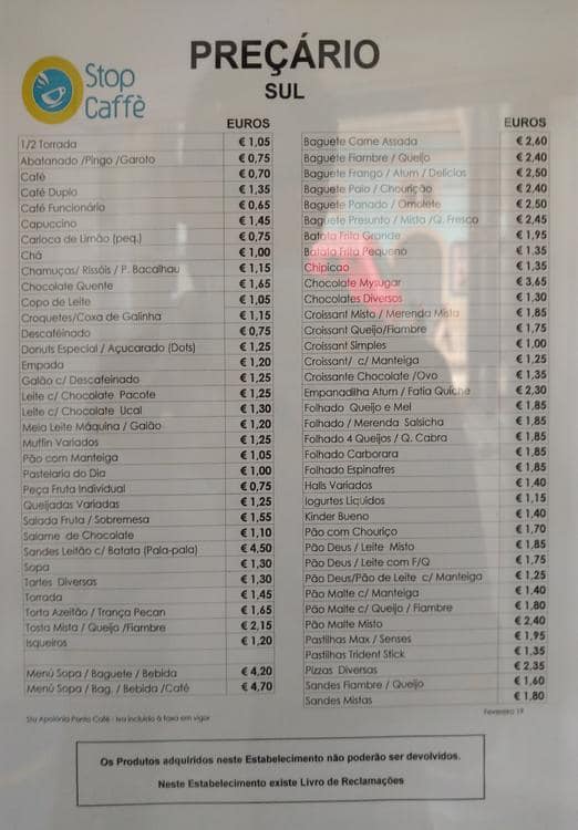 Menu at Stop Caffè cafe, Lisbon, Estação de Santa Apolónia