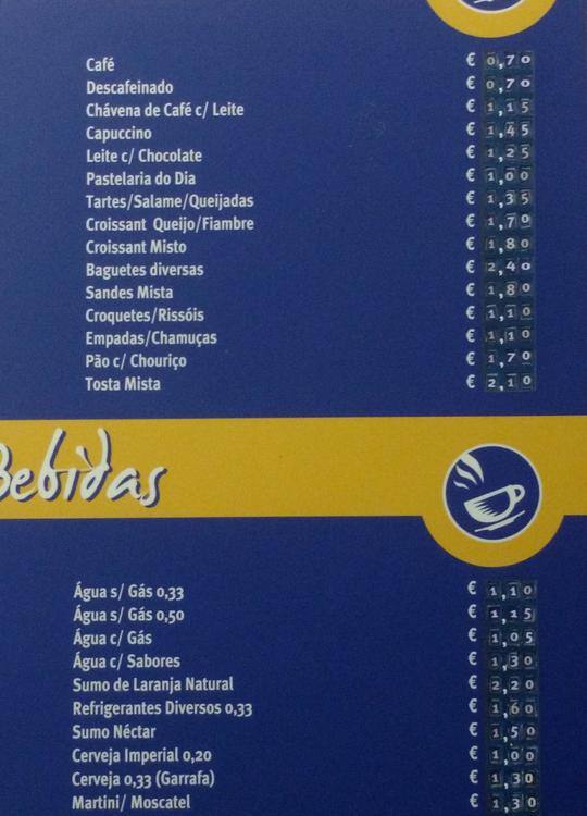 Menu at Stop Caffè cafe, Lisbon, Estação de Santa Apolónia