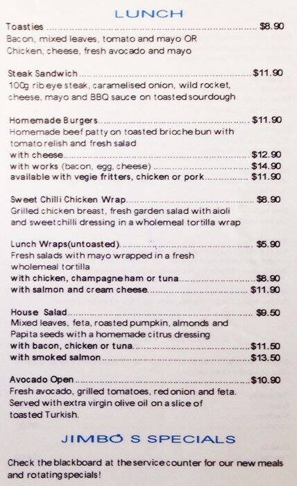 Menu at Jimbo & Co cafe, Wynnum West