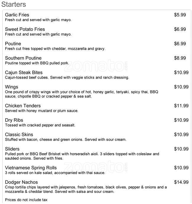 Menu at Artful Dodger Pub, Langley Township