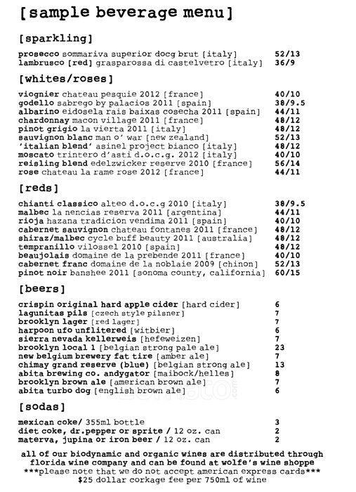 Menu at Eating House restaurant, Coral Gables, 804 Ponce De Leon Blvd